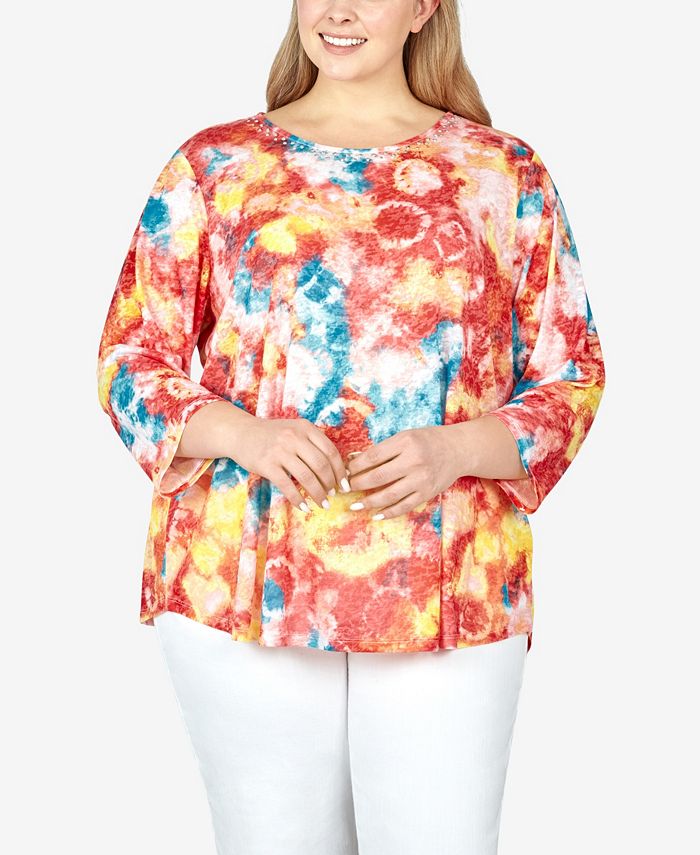 Ruby Rd. Plus Size Embellished Tie Dye Circle Print Burnout Top - Macy's