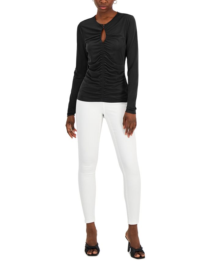 Inc International Concepts Womens Solid Ruched Front Keyhole Knit Top