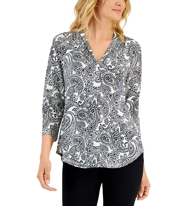 Charter Club Petite Pleated-Neck 3/4-Sleeve Printed ITY Top, Created ...