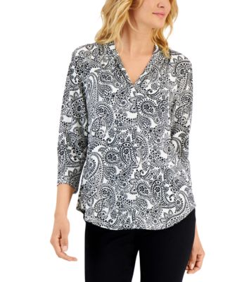 Charter Club Petite Pleated-Neck 3/4-Sleeve Printed ITY Top, Created ...