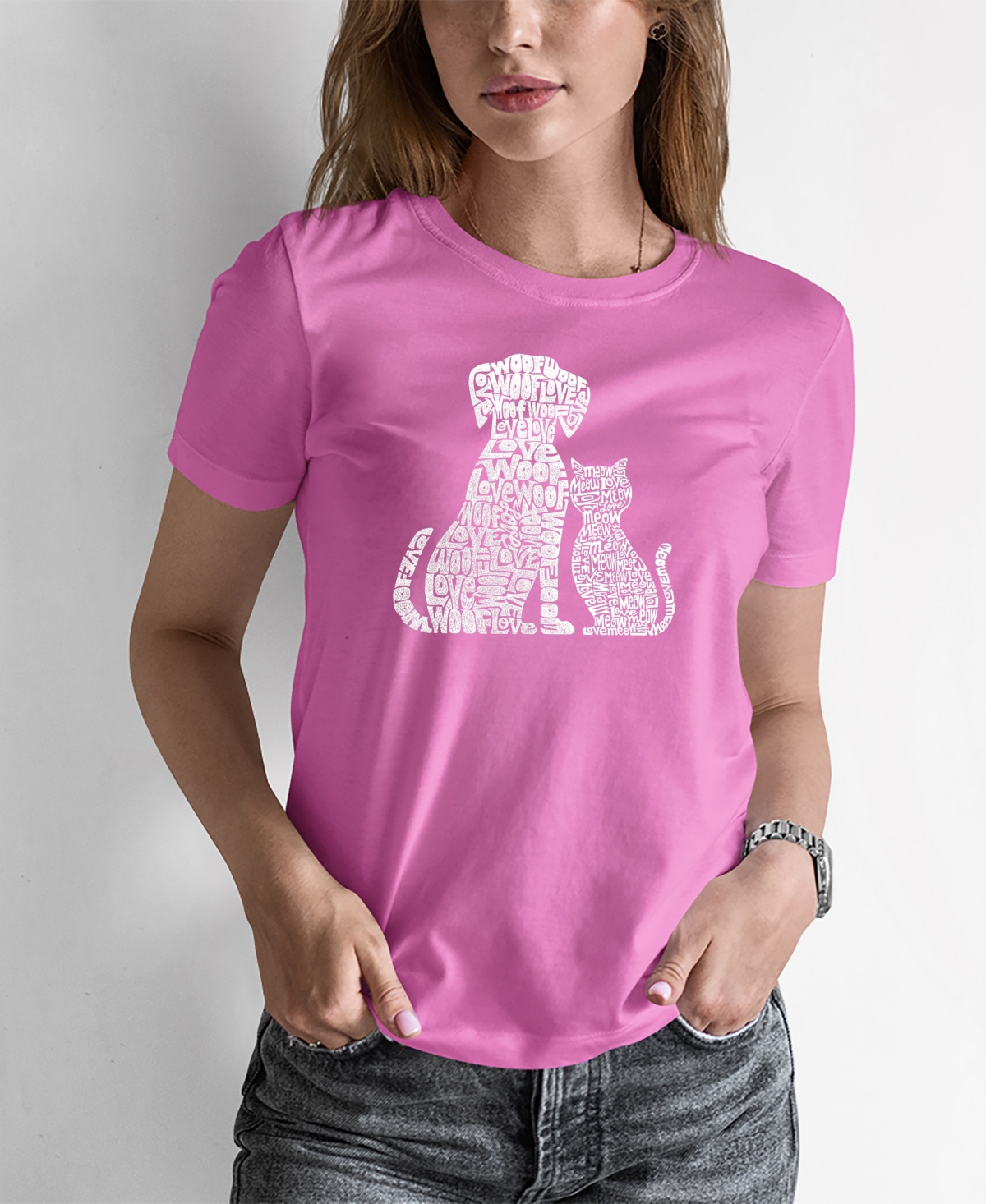 Click here for Womens Word Art Dogs and Cats T-shirt - Pink prices