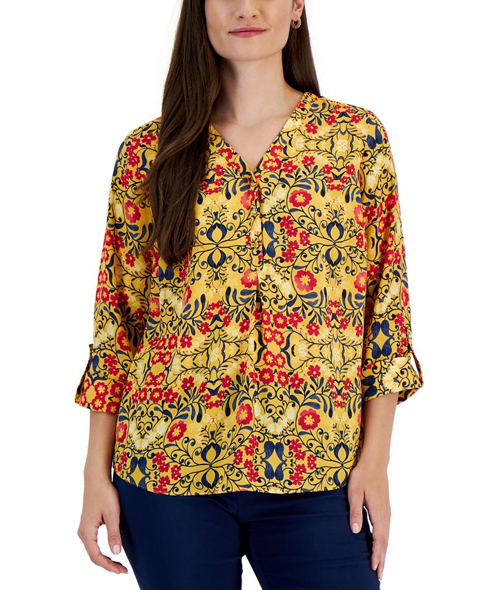 JM Collection Women's Folk Travels Printed Top, Created for Macy's - Macy's