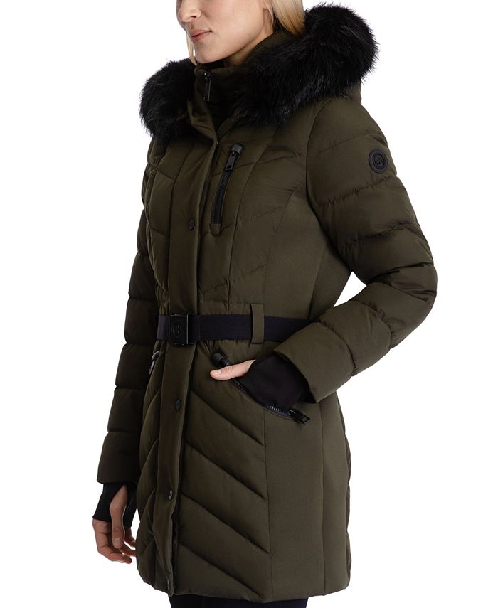 Michael Kors Women's Belted Faux-Fur-Trim Hooded Puffer Coat - Macy's