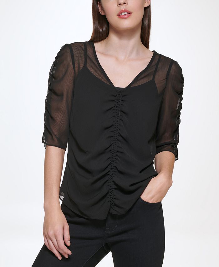 DKNY Ruched-Sleeve Top - Macy's