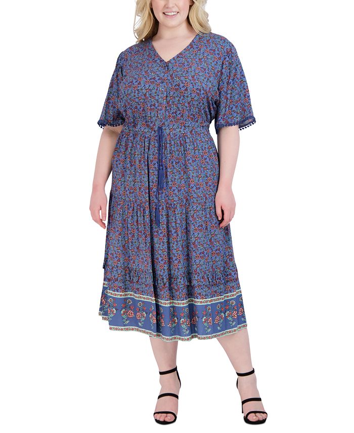 Robbie Bee Plus Size Border-Print Drawstring-Waist Midi Dress - Macy's