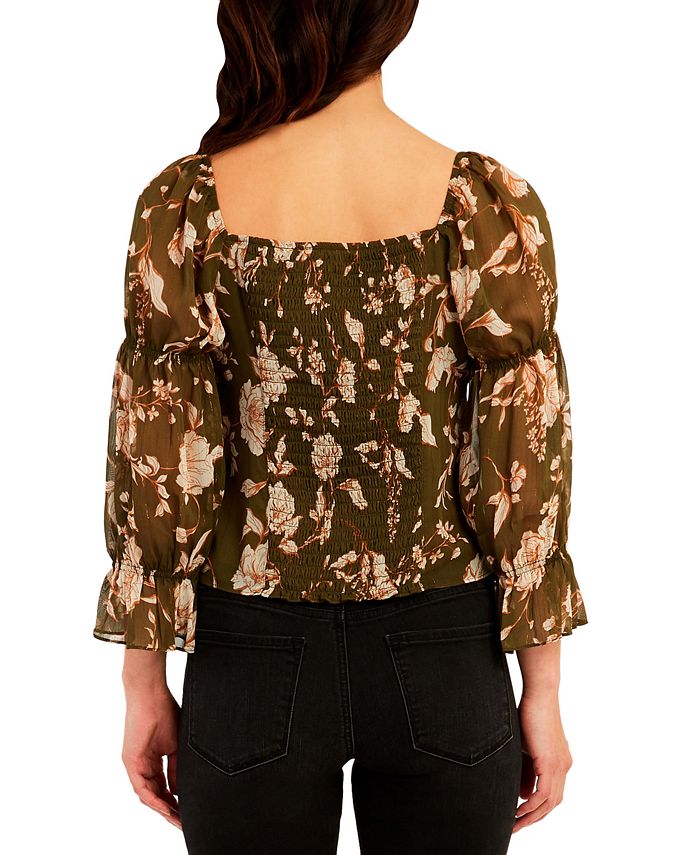 BCX Juniors' Printed Sheer-Sleeve Top - Macy's