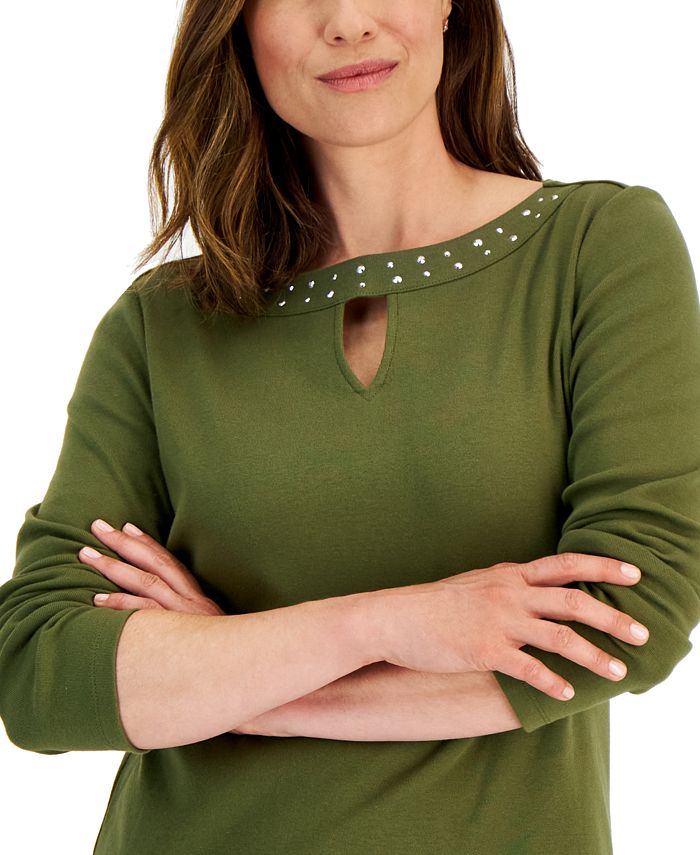 Karen Scott Cotton Hotfix-Embellished Keyhole Top, Created for Macy's ...