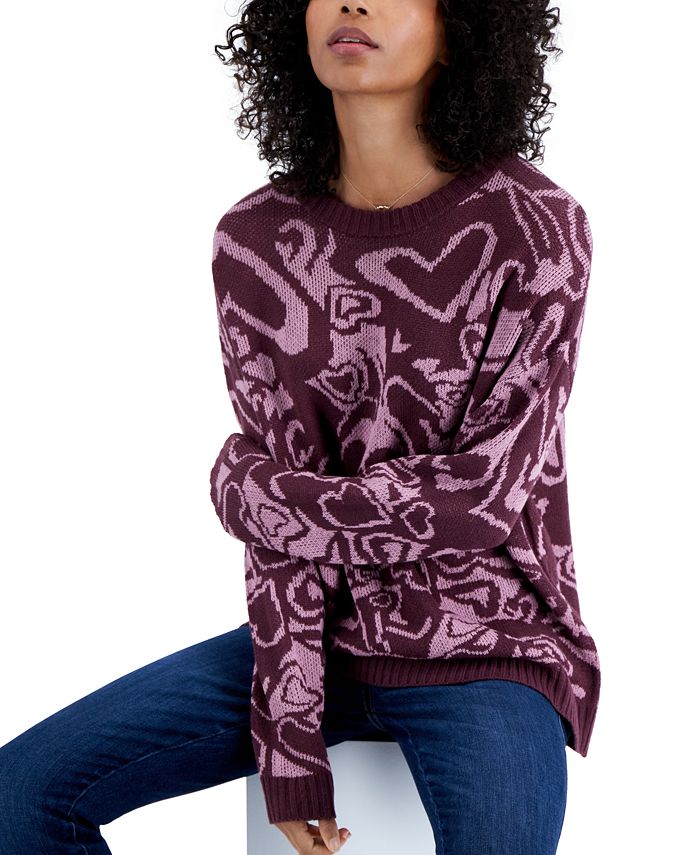 Just Polly Juniors' Crewneck Hearts Sweater - Macy's