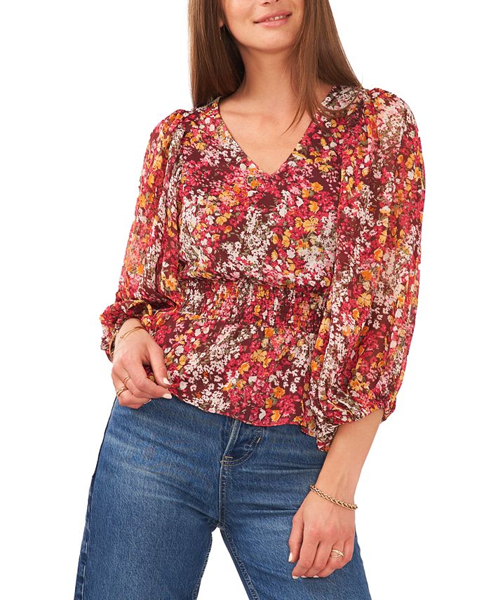 Sam & Jess Petite Printed Smocked-Waist Top - Macy's