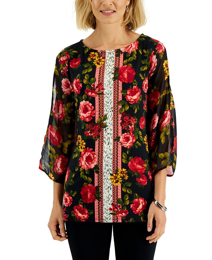 JM Collection Women's 3/4-Sleeve Mixed-Print Tunic, Created for Macy's ...