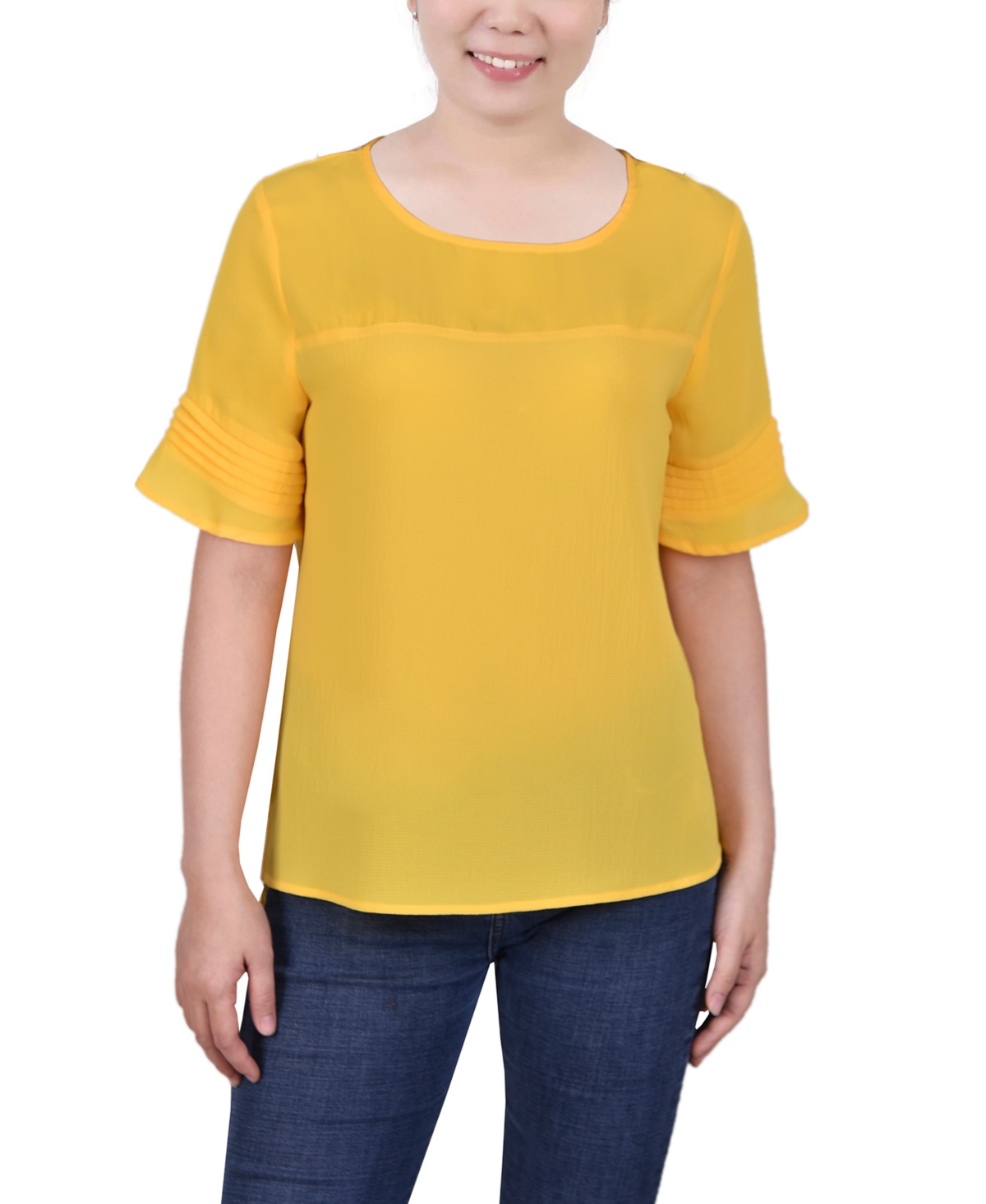 Click here for Petite Size Short Sleeve Crepe and Chiffon Top - Y... prices