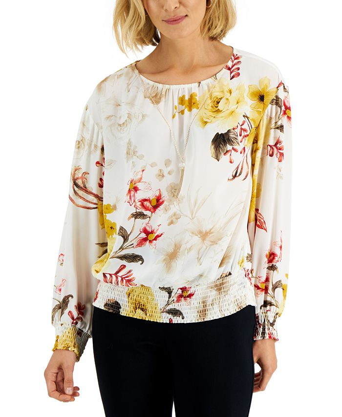 JM Collection Women's Printed Smocked Necklace Top, Created for Macy's ...
