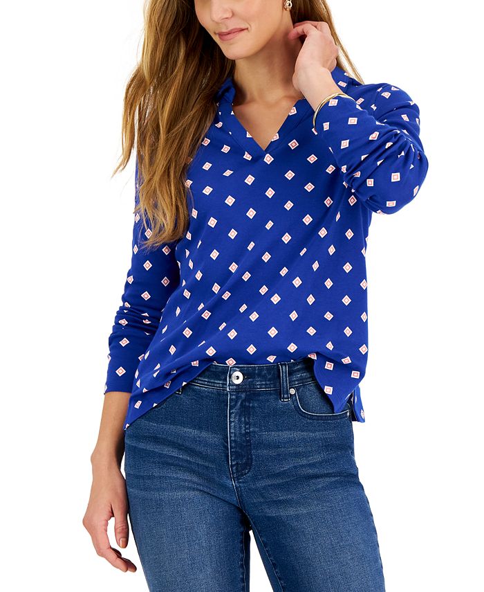 Charter Club Petite Long Sleeve Diamond Print Top, Created for Macy's ...