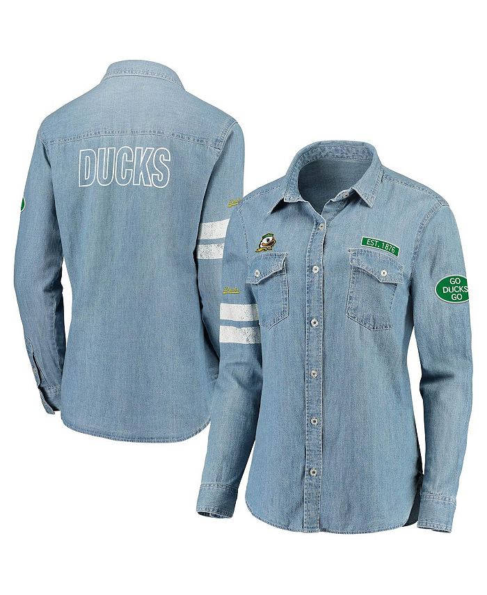 WEAR by Erin Andrews Women's Denim Oregon Ducks Patches Long Sleeve Shirt - Macy's