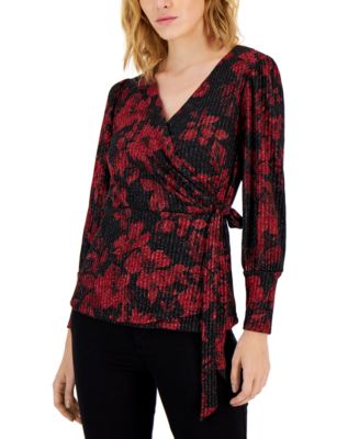 Nine West Women's Printed Peplum Faux-Wrap Long-Sleeve Top - Macy's