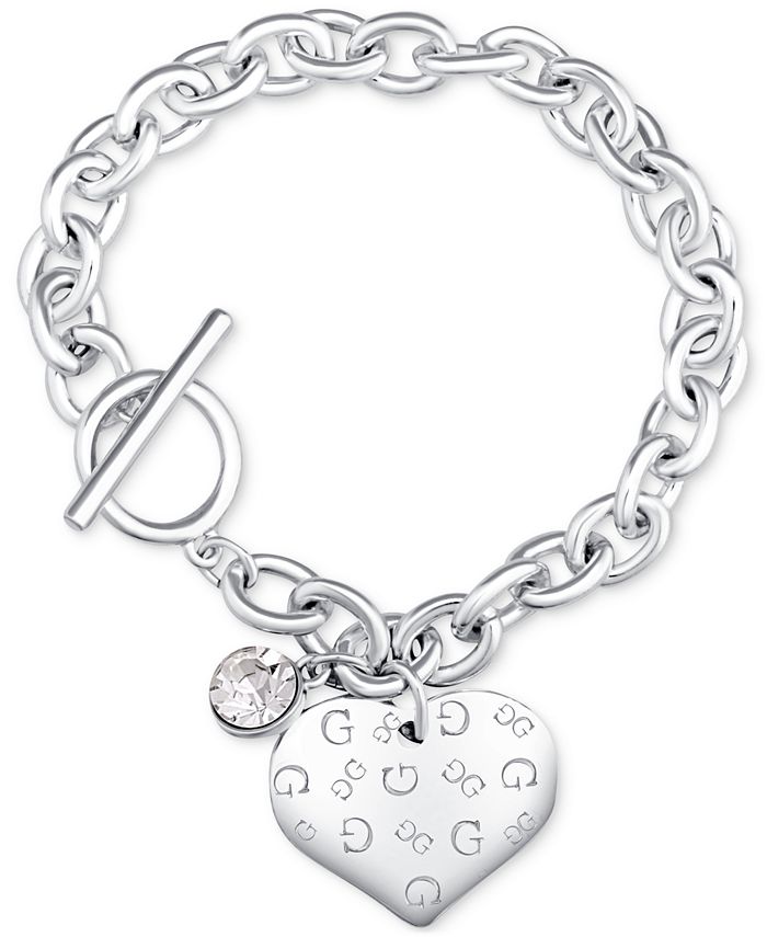 GUESS Silver-Tone Heart Charm Toggle Line Bracelet - Macy's