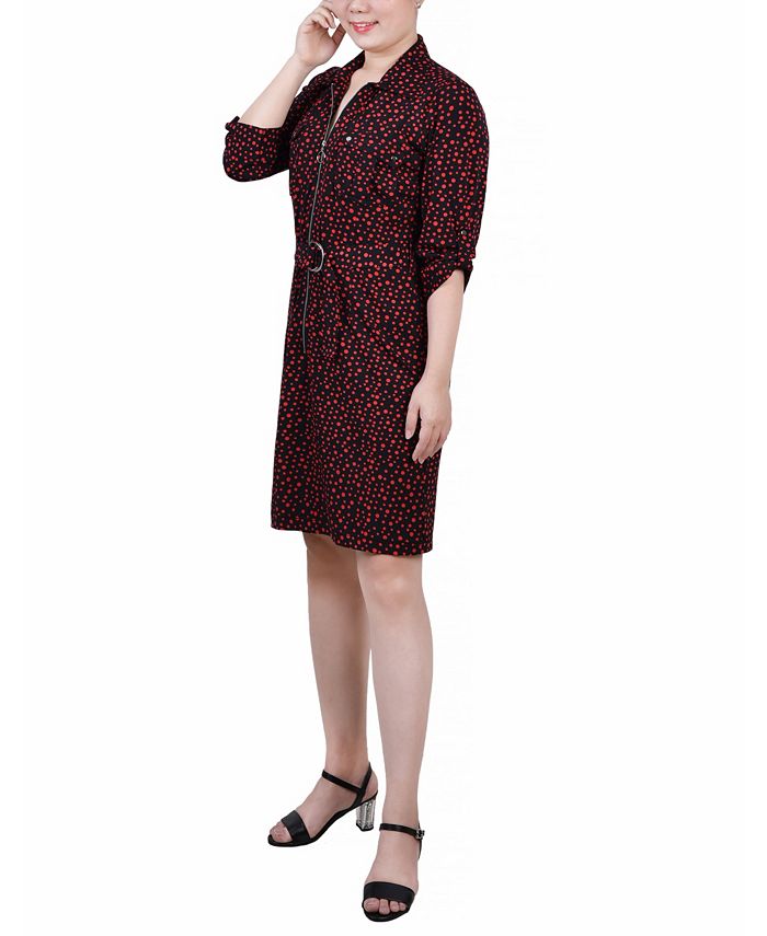 NY Collection Petite Belted Roll Tab Zip Front Shirtdress - Macy's