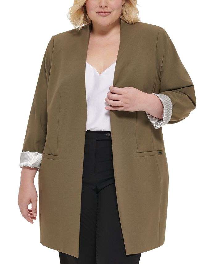Calvin Klein Plus Size Padded 3/4-Sleeve Open-Front Blazer - Macy's