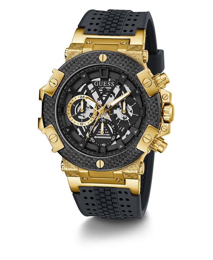 GUESS Men's Gold-Tone Gray Genuine Leather, Silicone Strap, Multi ...