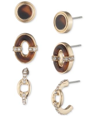Lauren Ralph Lauren Gold-Tone 3-Pc. Set Pavé & Tortoise-Look Link Earrings - Macy's