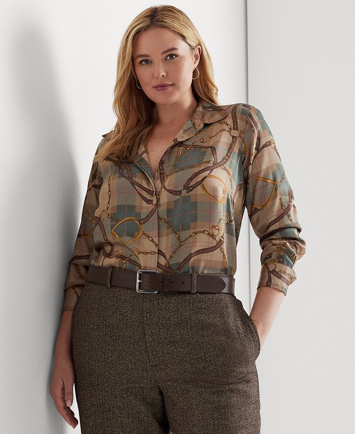Lauren Ralph Lauren Plus Size Equestrian-Inspired Plaid Top - Macy's