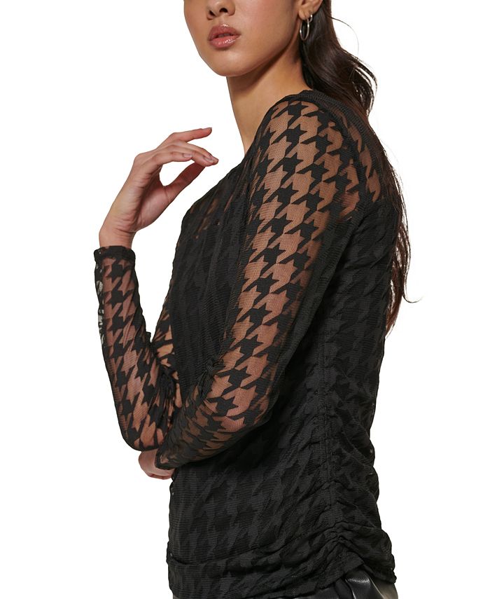 DKNY Women's Long-Sleeve Houndstooth-Print Mesh Top - Macy's