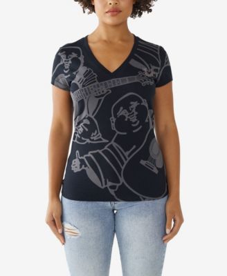 True Religion Women's Short Sleeve Crystal Script Slim V-neck T-shirt ...