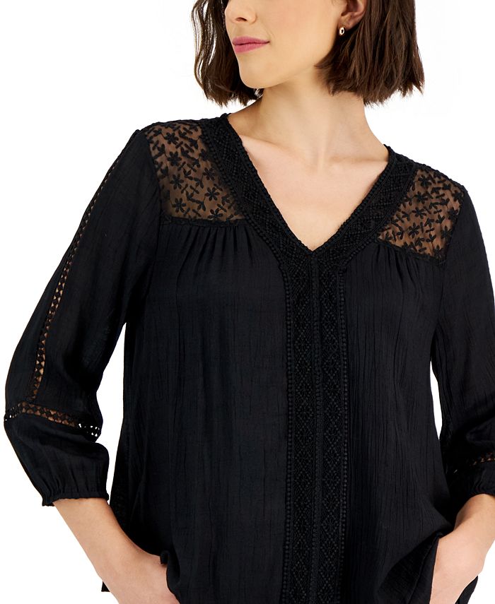 Style & Co Women's 3/4-Sleeve Embroidered Lace Top, Created for Macy's ...