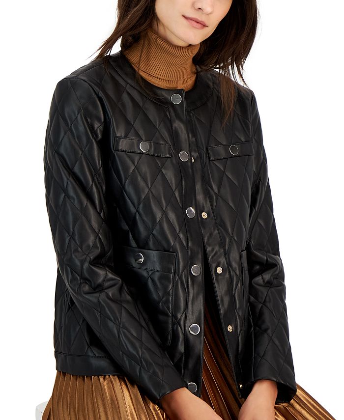 Anne Klein Women's Faux-Leather Quilted Snap Jacket - Macy's