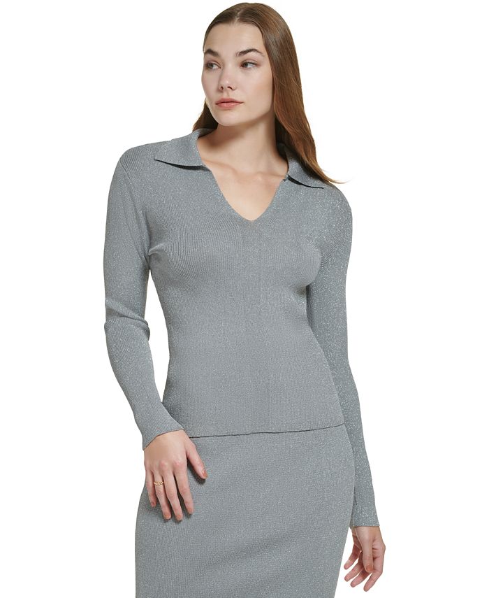 Calvin Klein Women's Metallic Collared V-Neck Sweater - Macy's