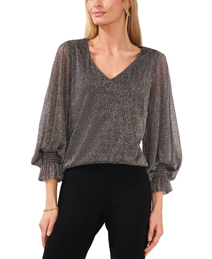 MSK Women's Metallic Crinkle Mesh Smocked-Cuff Top - Macy's