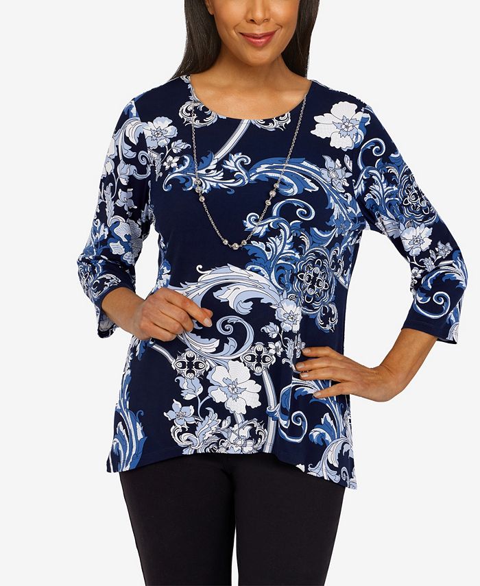 Alfred Dunner Women's Classics Floral Scroll Puff Print Top with ...