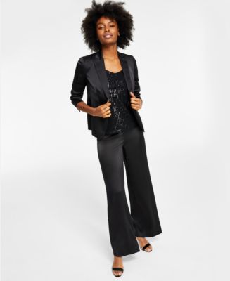 Anne Klein Satin One-Button Jacket, Shine V-Neck Cami & Wide-Leg Pants ...