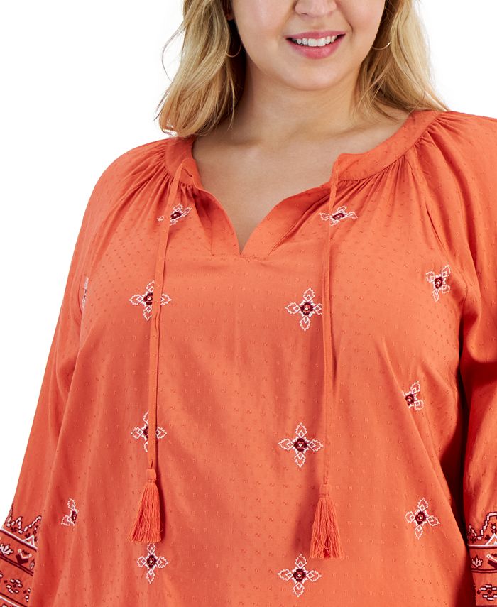 Style And Co Plus Size Embroidered Textured Split Neck Top Created For Macys Macys