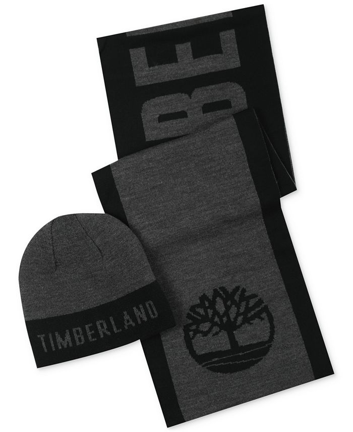 Timberland Men's Reversible Hat Logo Jacquard Scarf, 2 Piece Set ...