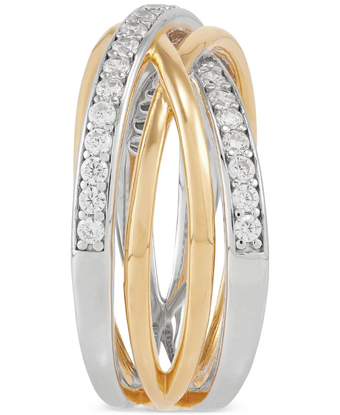 Macy's Cubic Zirconia Multirow Crossover Ring in Sterling Silver & 14k Gold-Plate - Macy's