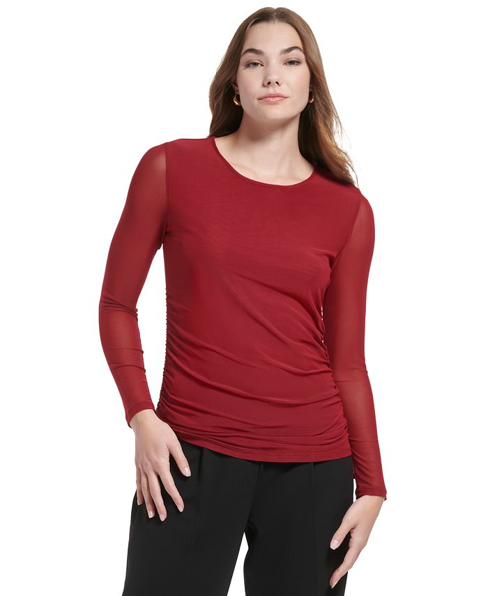 Calvin Klein Women's Long Sleeve Side Ruched Mesh Top & Reviews - Tops ...