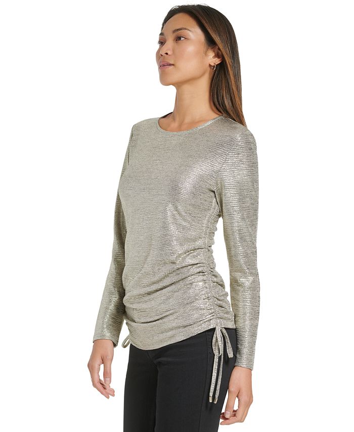 Calvin Klein Women's Long Sleeve Metallic Side Ruched Top & Reviews - Tops - Women - Macy's