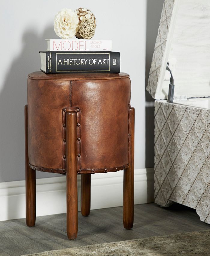 Rosemary Lane Teak Wood Handmade Upholstered Leather Stool with Wood ...