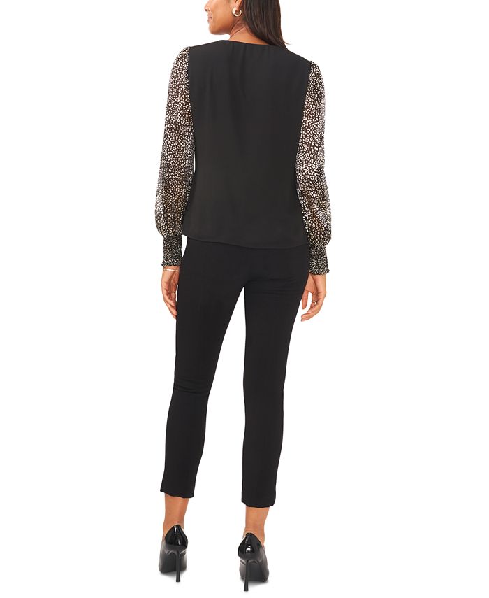 MSK Women's Printed Chiffon-Sleeve V-Neck Top - Macy's