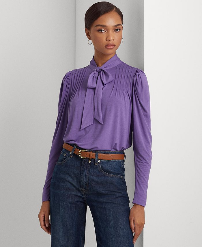 Lauren Ralph Lauren Petite Tie-Neck Puffed Sleeve Sweater - Macy's