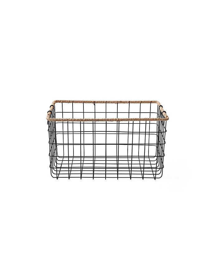 Baum Rectangular Grid Black Wire Baskets with Jute Rim and Fold Down ...