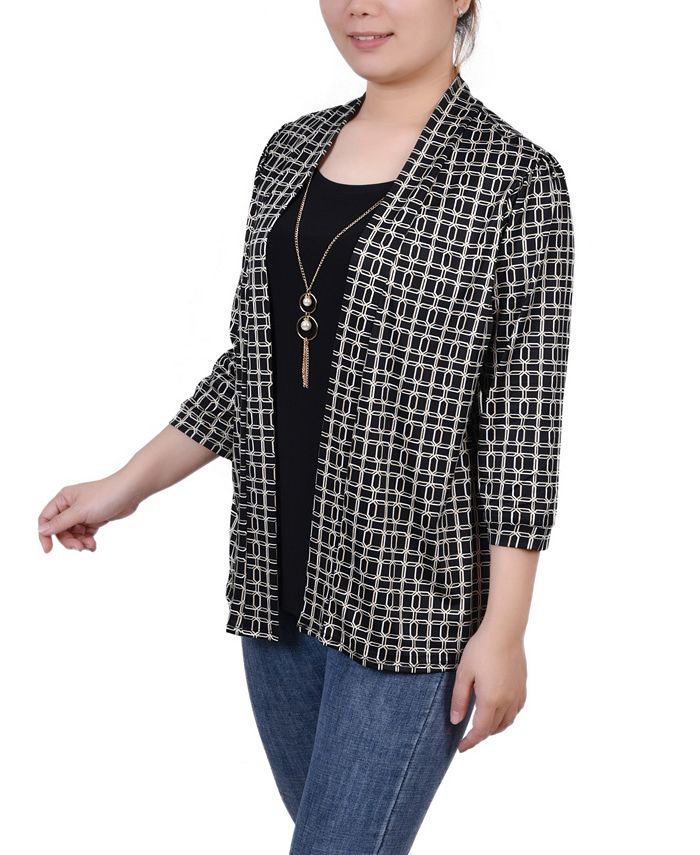 NY Collection Petite 3/4 Sleeve Two-Fer Top - Macy's
