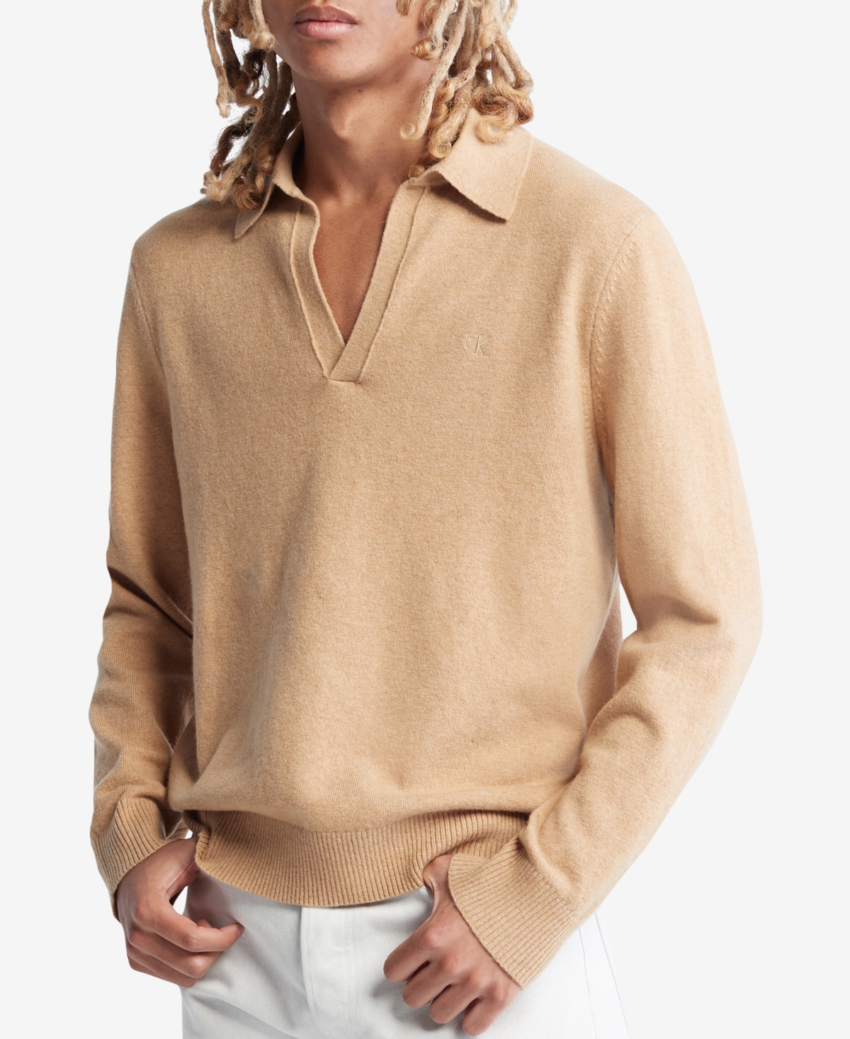 Calvin Klein Men's Open V-neck Polo Sweater In Tigers Eye Heather ...