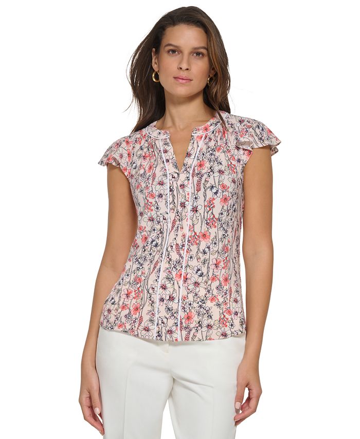 Tommy Hilfiger Women's Split-Neck Floral Ruffle Top - Macy's
