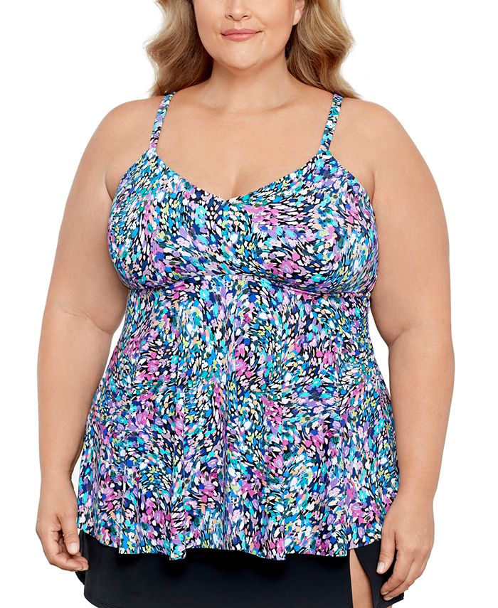 Swim Solutions Plus Size Printed V Neck Underwire Tankini Top Created