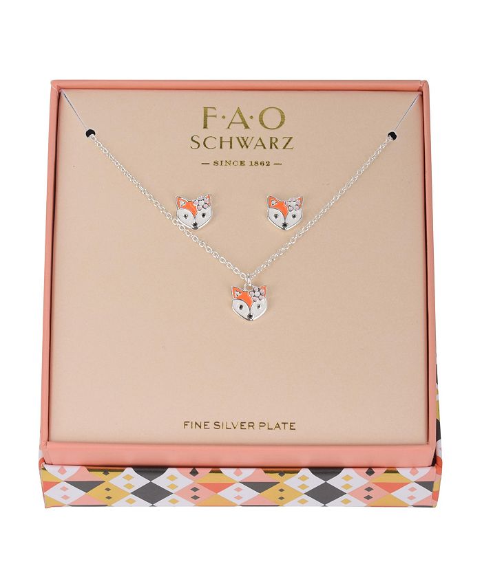 FAO Schwarz Silver Tone Fox Necklace and Earring Set, 3 Pieces - Macy's