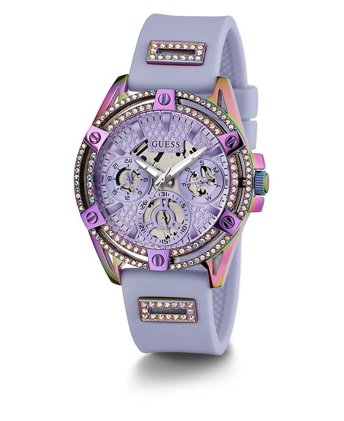 GUESS Women's Purple Glitz Silicone Multi-Function Strap Watch, 40mm ...