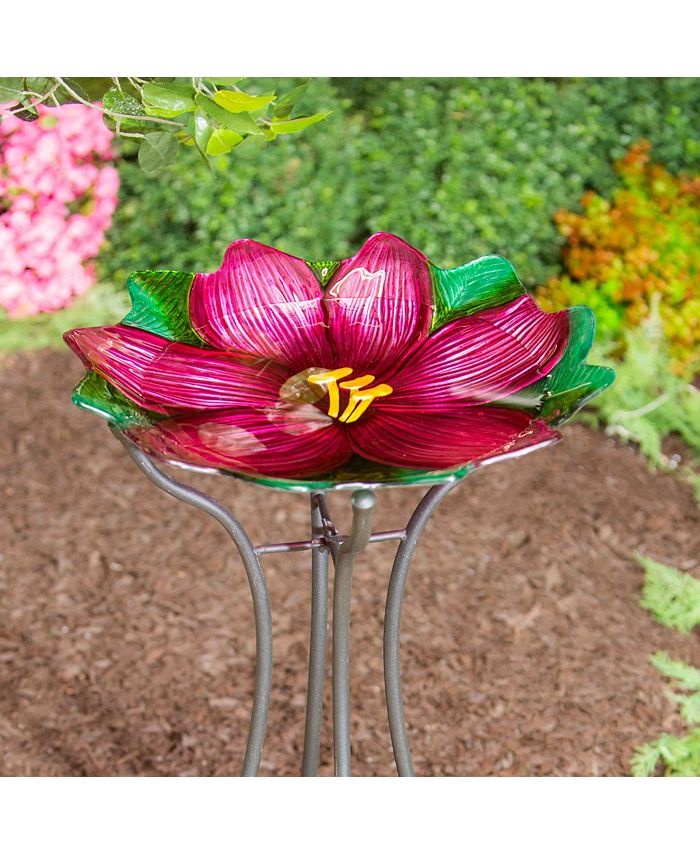 Evergreen 18" Hand Painted and Embossed Shaped Bird Bath, Pink Flower ...
