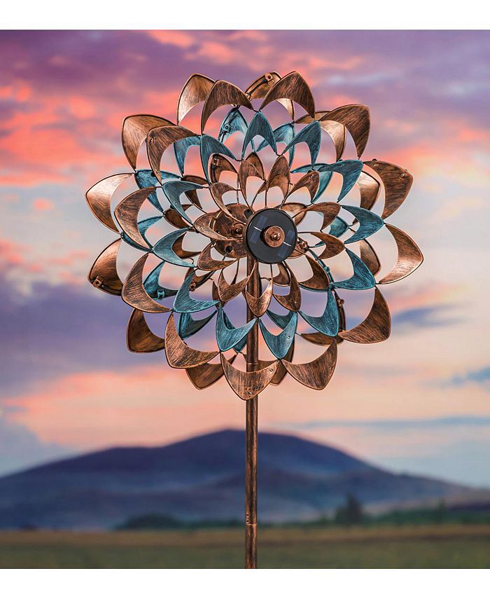 Evergreen 75"H Solar Wind Spinner, Copper and Verdigris Zinnia Garden ...